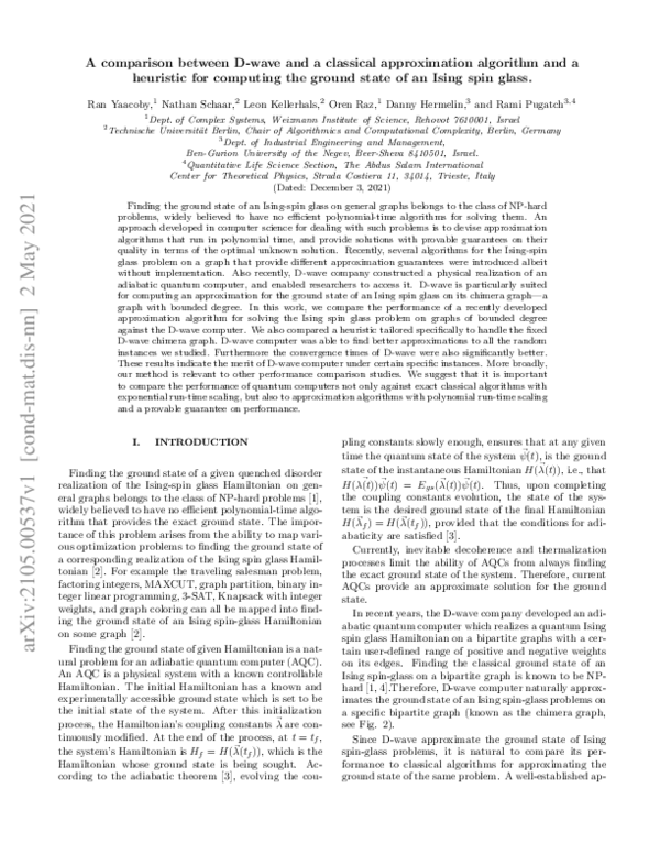 (PDF) A comparison between D-wave and a classical approximation algorithm and a heuristic for ...