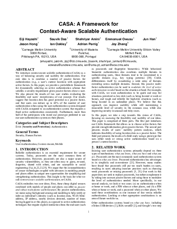 (PDF) 1 CASA : A Framework for Context-Aware Scalable Authentication