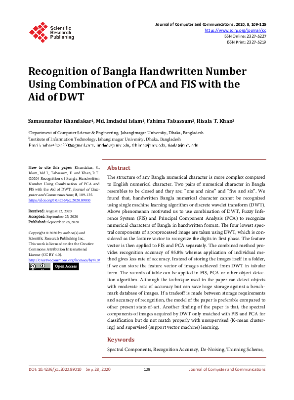 (PDF) Recognition of Bangla Handwritten Number Using Combination of PCA and FIS with the Aid of DWT