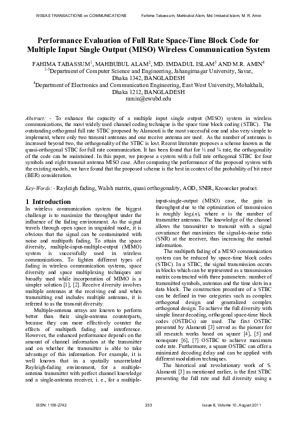 Pdf Performance Evaluation Of Full Rate Space Time Block Code For Multiple Input Single Output