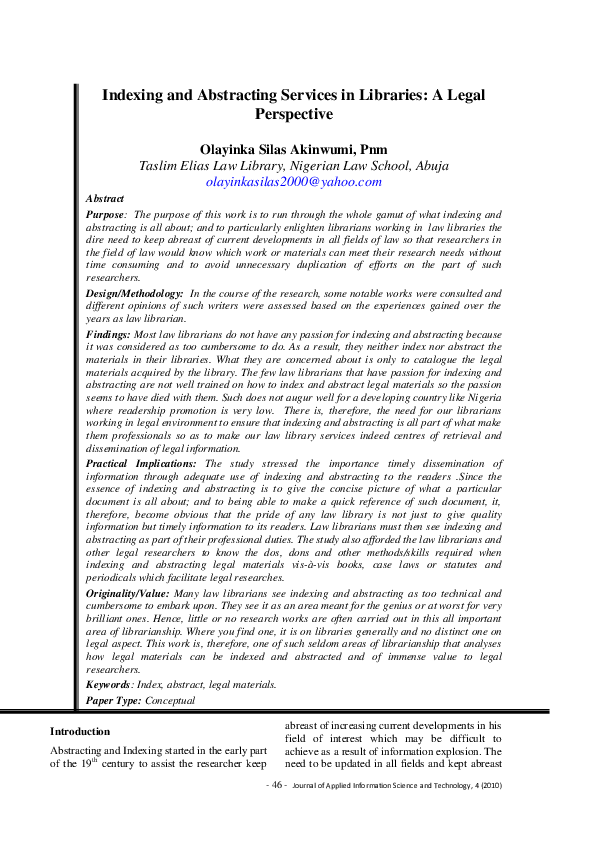 (PDF) Indexing and abstracting services in libraries: A legal perspective