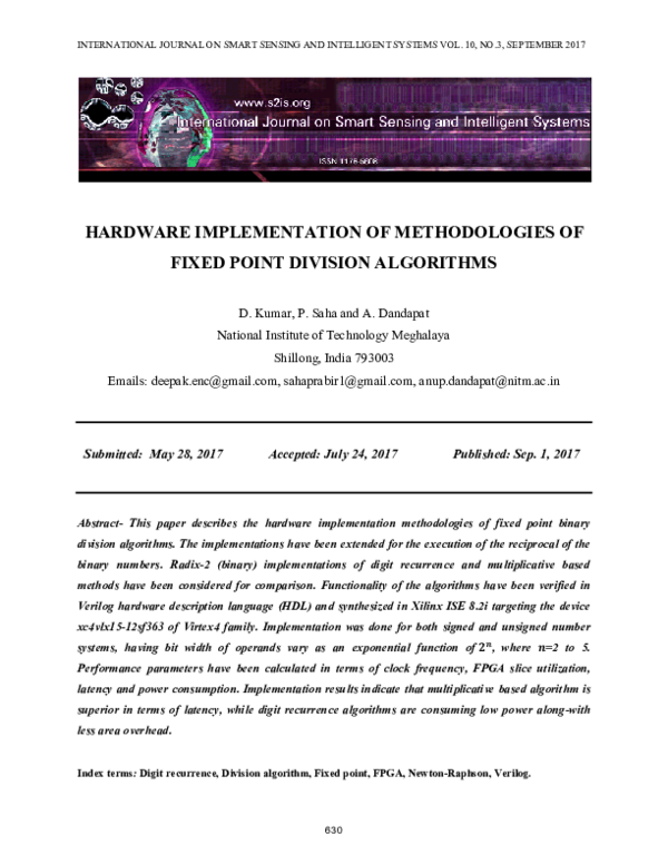 (PDF) Hardware Implementation of Methodologies of Fixed Point Division Algorithms