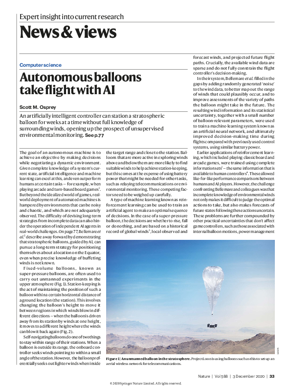 (PDF) Autonomous balloons take flight with artificial intelligence