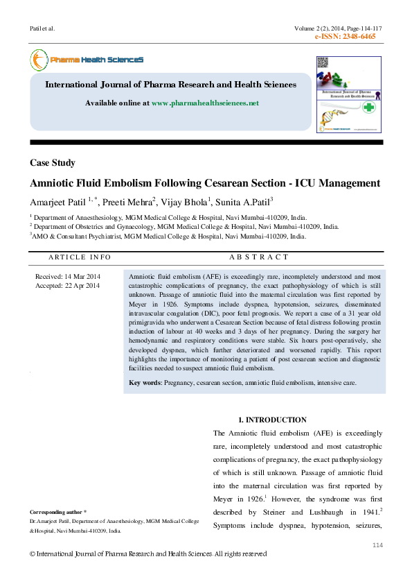 (PDF) Amniotic Fluid Embolism Following Cesarean Section - ICU Management