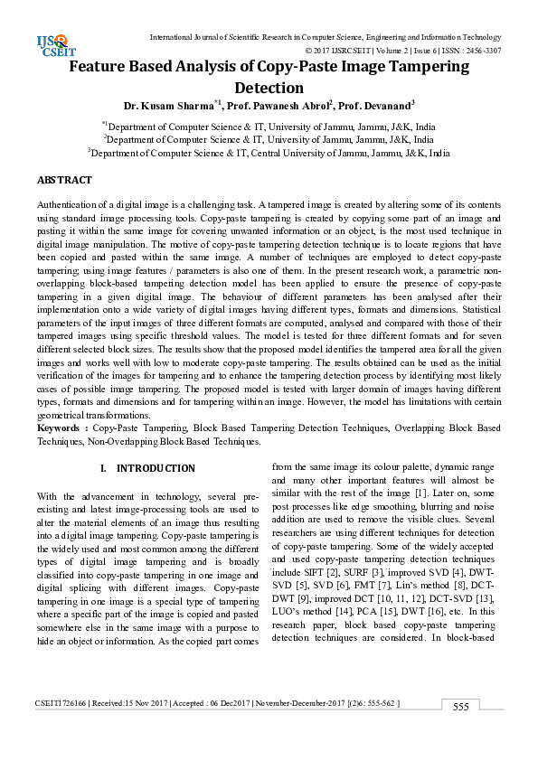 Pdf Cseit1726166 Feature Based Analysis Of Copy Paste Image