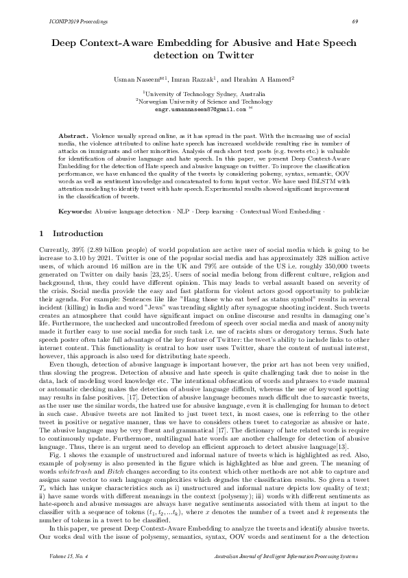 Pdf Deep Context Aware Embedding For Abusive And Hate Speech Detection On Twitter Usman