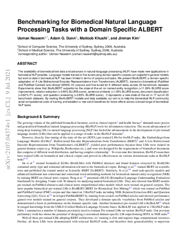 (PDF) Benchmarking for Biomedical Natural Language Processing Tasks with a Domain Specific ALBERT