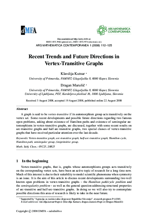 (PDF) Recent trends and future directions in vertex-transitive graphs