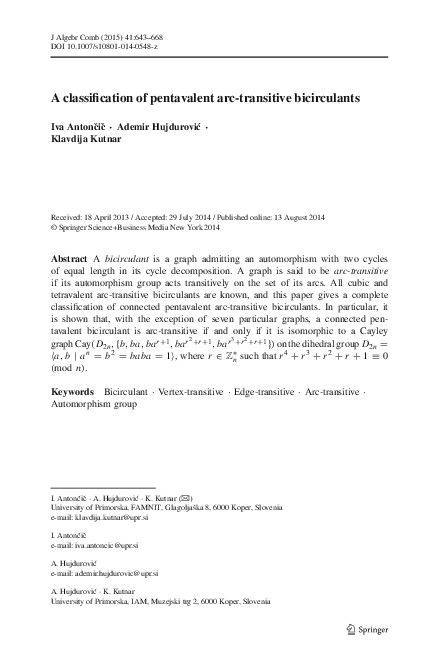 (PDF) A classification of pentavalent arc-transitive bicirculants