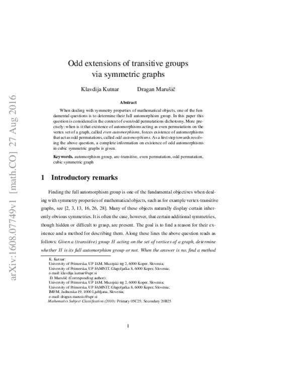 (PDF) Odd extensions of transitive groups via symmetric graphs – The cubic case