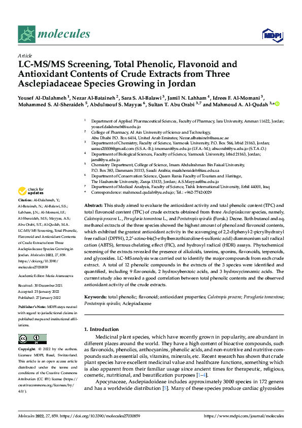 (PDF) LC-MS/MS Screening, Total Phenolic, Flavonoid and Antioxidant Contents of Crude Extracts ...