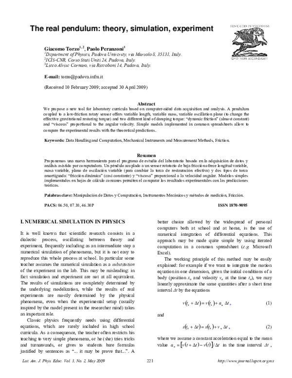 (PDF) The real pendulum: theory, simulation, experiment