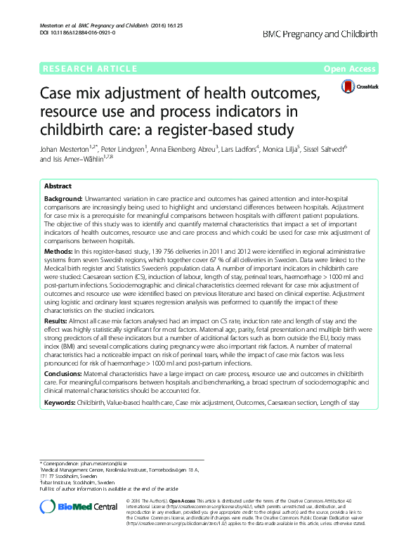(PDF) Case mix adjustment of health outcomes, resource use and process ...