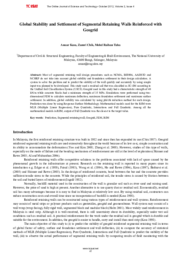 (PDF) Global Stability and Settlement of Segmental Retaining Walls ...