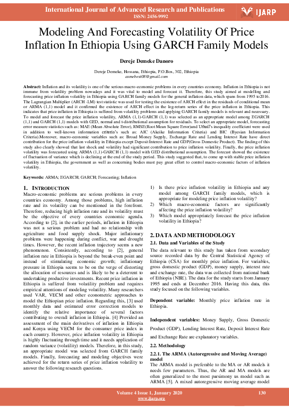 (PDF) Modeling And Forecasting Volatility Of Price Inflation In Ethiopia Using GARCH Family Models