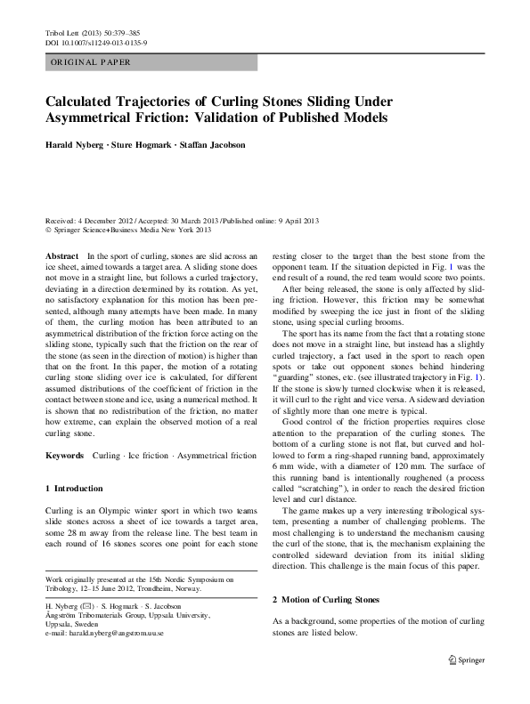 Pdf Calculated Trajectories Of Curling Stones Sliding Under Asymmetrical Friction Validation