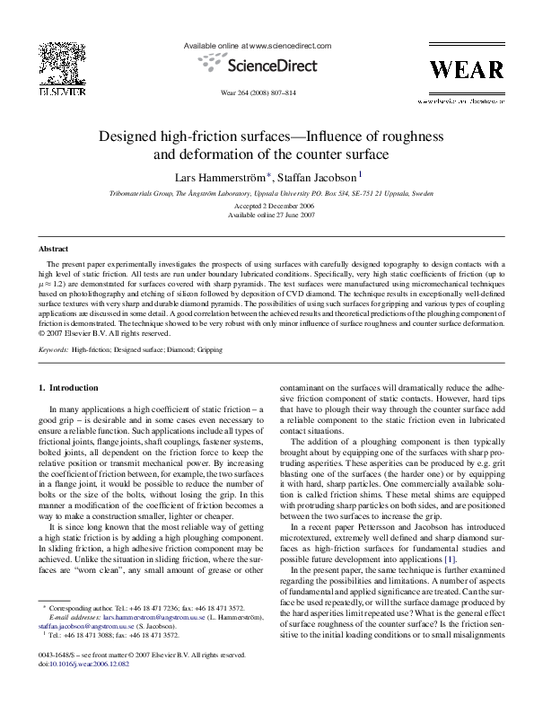 (PDF) Designed high-friction surfaces—Influence of roughness and ...