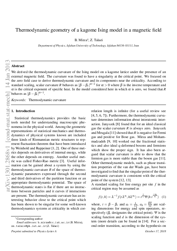 (PDF) Talaei: Thermodynamic geometry of a kagome Ising model in a ...