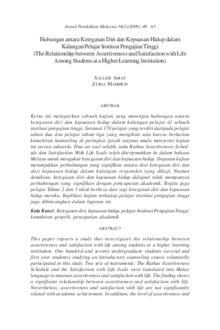 (PDF) Hubungan antara Ketegasan Diri dan Kepuasan Hidup dalam Kalangan Pelajar Institusi ...