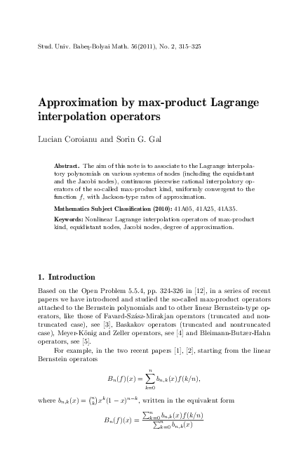 Pdf Approximation By Max Product Lagrange Interpolation Operators
