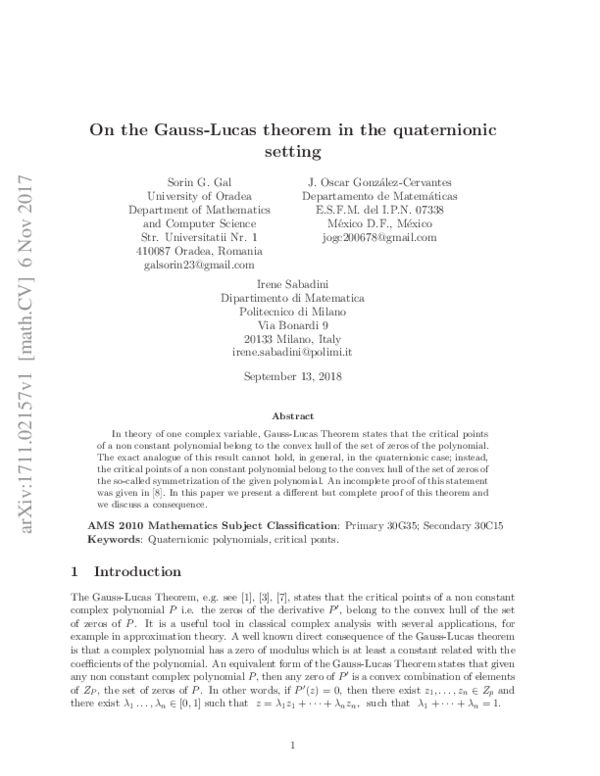(PDF) On the Gauss-Lucas theorem in the quaternionic setting