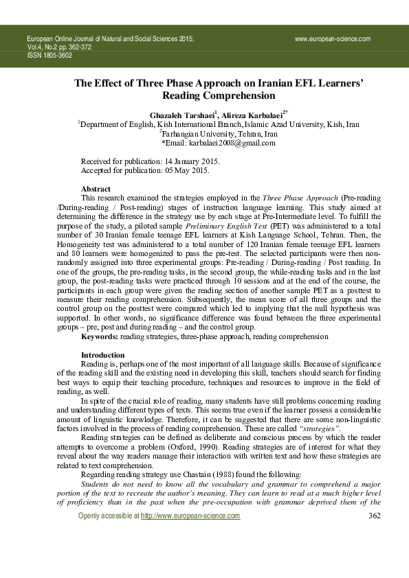 (PDF) The Effect of Three Phase Approach on Iranian EFL Learners’ Reading Comprehension