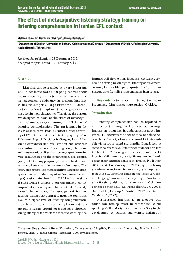 Pdf The Effect Of Metacognitive Listening Strategy Training On Listening Comprehension In
