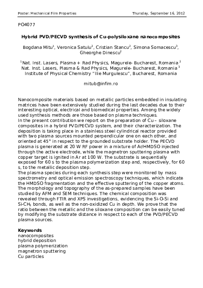 (PDF) Hybrid PVD/PECVD synthesis of Cu-polysiloxane nanocomposites