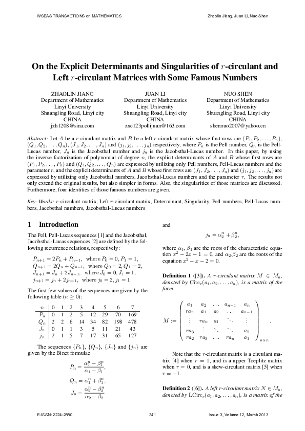 Pdf On The Explicit Determinants And Singularities Of R Circulant And Left R Circulant