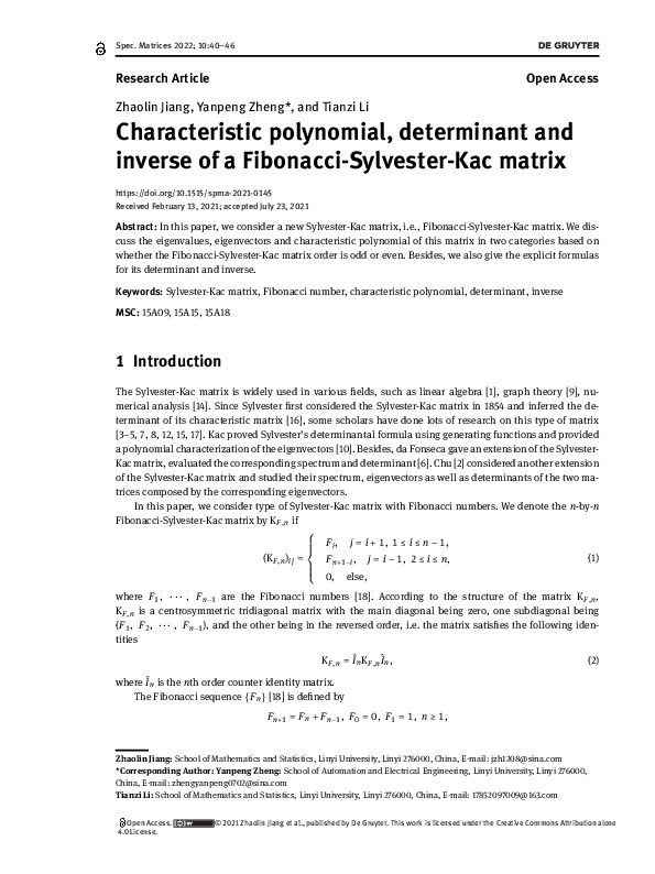 (PDF) Characteristic polynomial, determinant and inverse of a Fibonacci-Sylvester-Kac matrix