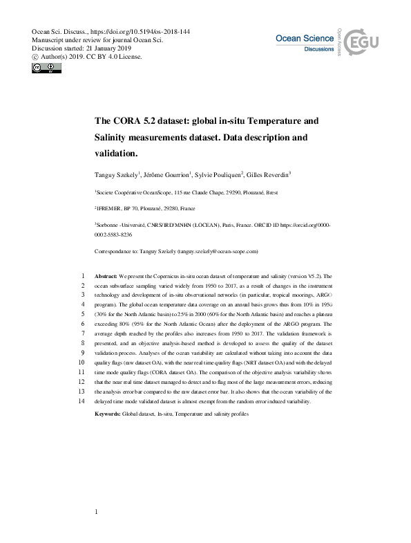 (PDF) 1 The CORA 5 . 2 dataset : global in-situ Temperature and ...