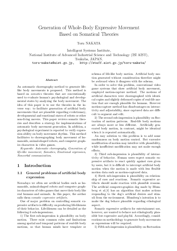 (PDF) Generation of Whole-Body Expressive Movement Based on Somatical ...