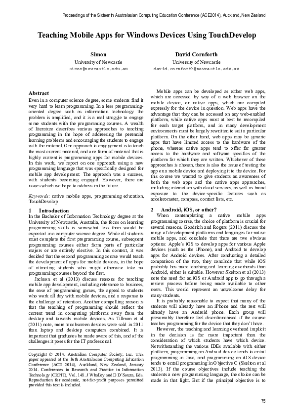 (PDF) Teaching mobile apps for windows devices using TouchDevelop