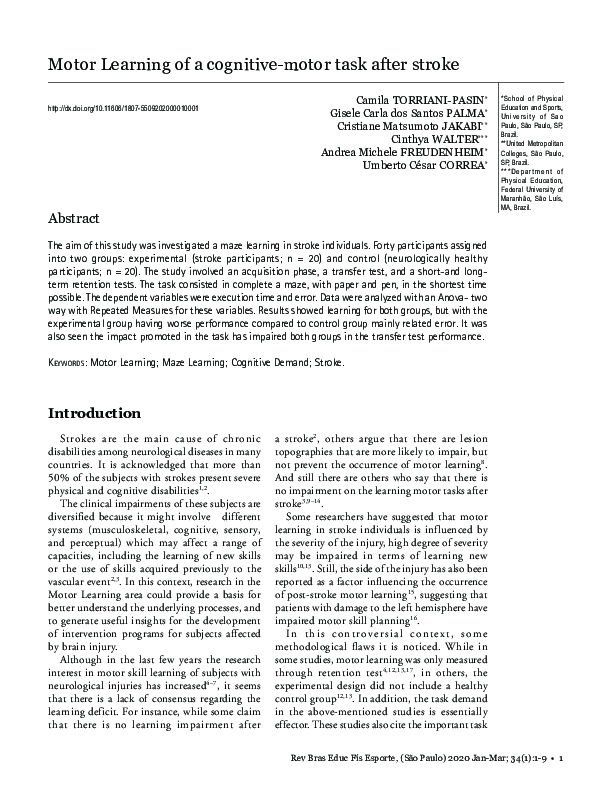 (PDF) Motor Learning of a cognitive-motor task after stroke