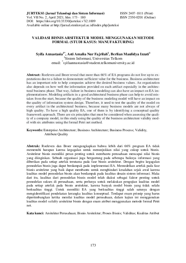 (PDF) Validasi Bisnis Arsitektur Model Menggunakan Metode Formal (Studi ...