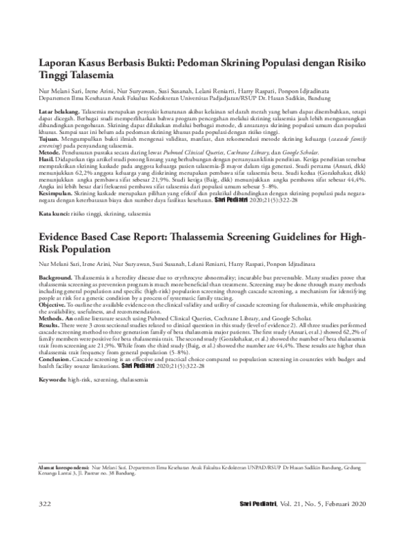 (PDF) Evidence Based Case Report: Thalassemia Screening Guidelines for High- Risk Population