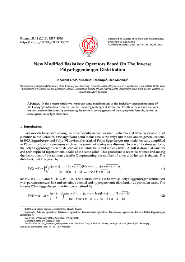 (PDF) New modified Baskakov operators based on the inverse Pólya-Eggenberger distribution
