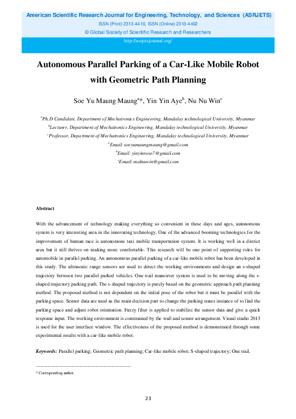 (PDF) Autonomous Parallel Parking of a Car-Like Mobile Robot with Geometric Path Planning