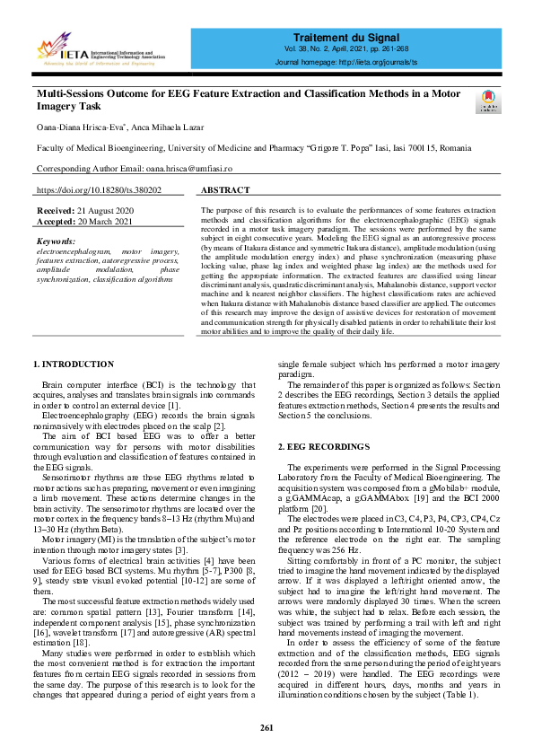 Pdf Multi Sessions Outcome For Eeg Feature Extraction And Classification Methods In A Motor