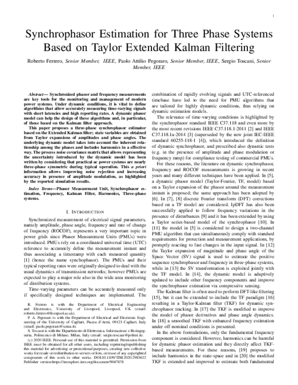 (PDF) Synchrophasor Estimation for Three Phase Systems Based on Taylor Extended Kalman Filtering