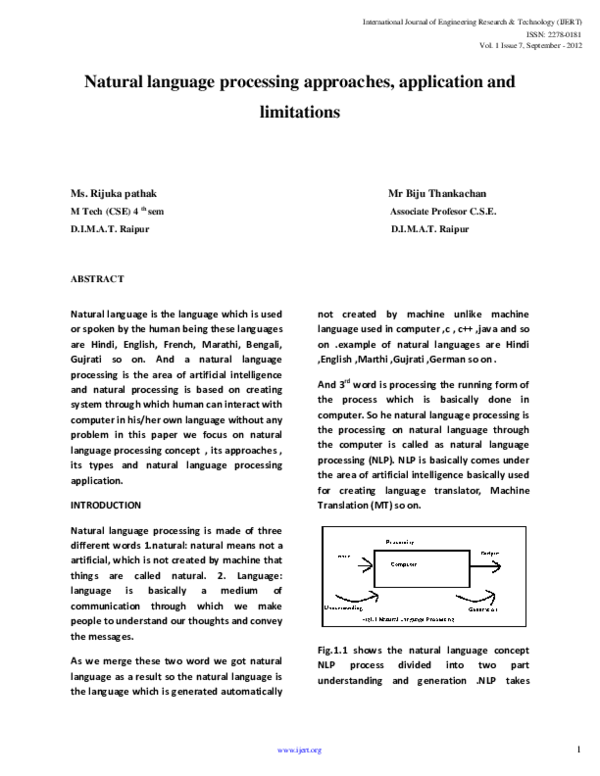 (PDF) Natural Language Processing Approaches, Application And Limitations