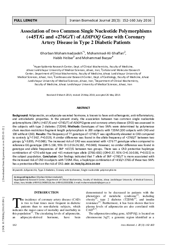 (PDF) Association of two Common Single Nucleotide Polymorphisms (+45T/G and +276G/T) of ADIPOQ ...