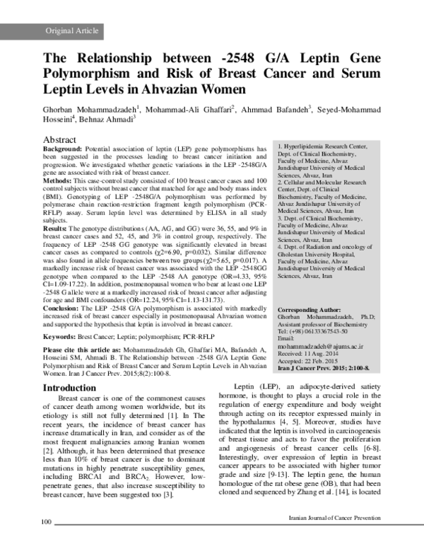(PDF) Polymorphism and Risk of Breast Cancer and Serum Leptin Levels in ...