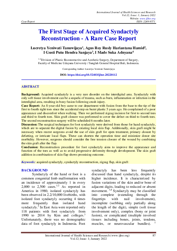 (PDF) The First Stage of Acquired Syndactyly Reconstruction -A Rare ...