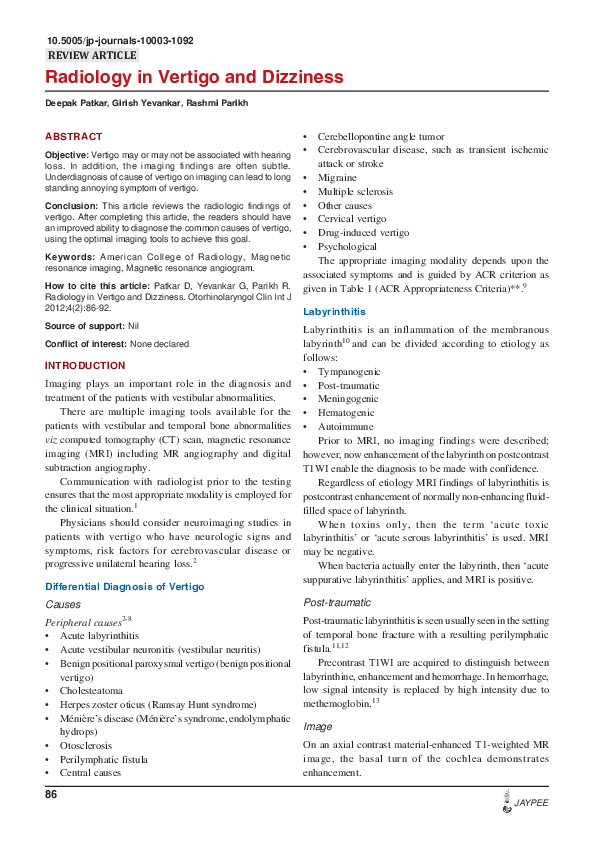 (PDF) Radiology in Vertigo and Dizziness