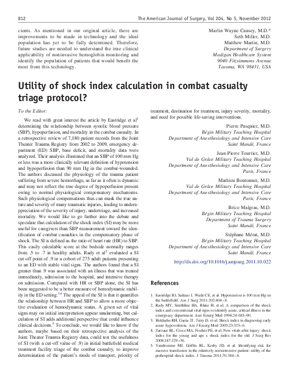 (PDF) Utility of shock index calculation in combat casualty triage ...