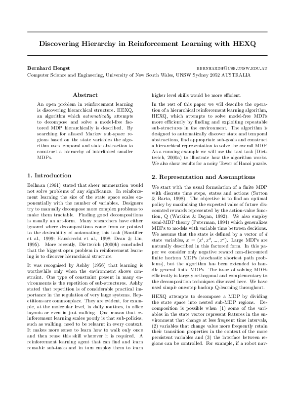 (PDF) Discovering Hierarchy in Reinforcement Learning with HEXQ