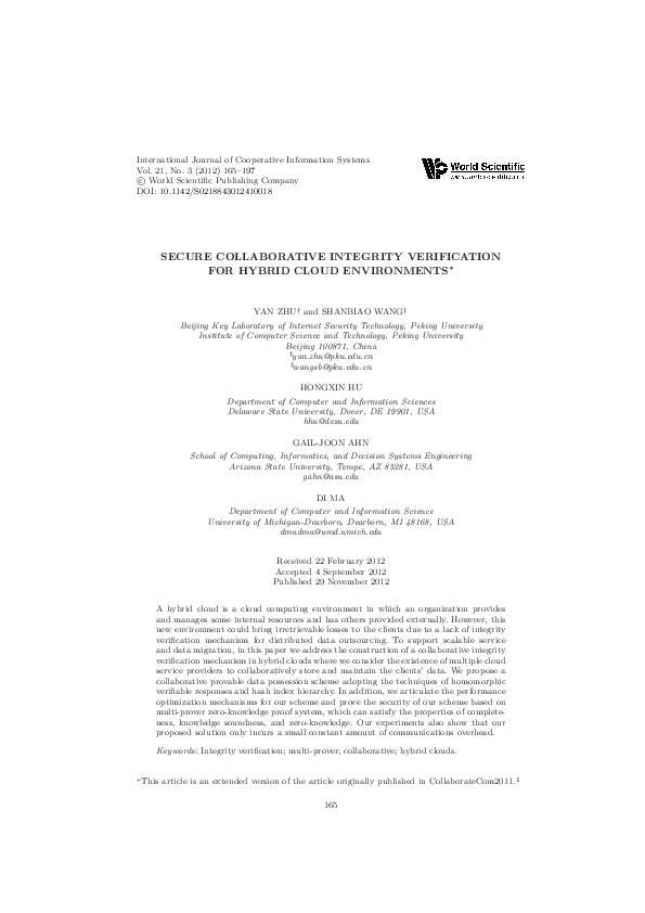 (PDF) Secure Collaborative Integrity Verification for Hybrid Cloud Environments