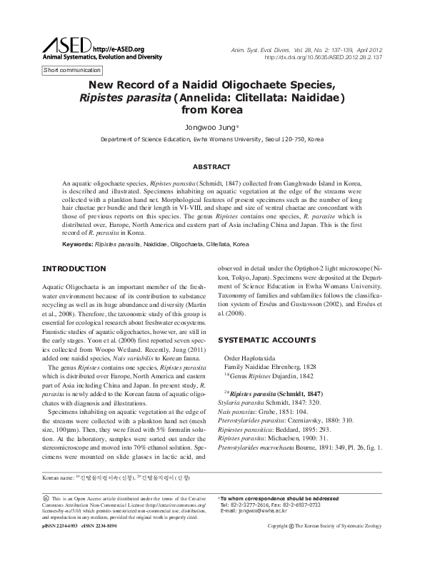 (PDF) New Record of a Naidid Oligochaete Species, Ripistes parasita ...