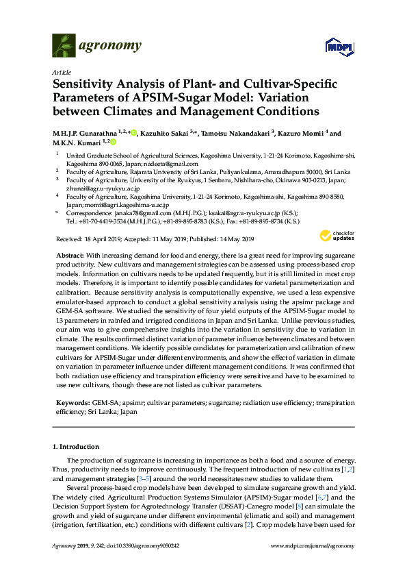 (PDF) Sensitivity Analysis of Plant- and Cultivar-Specific Parameters of APSIM-Sugar Model ...